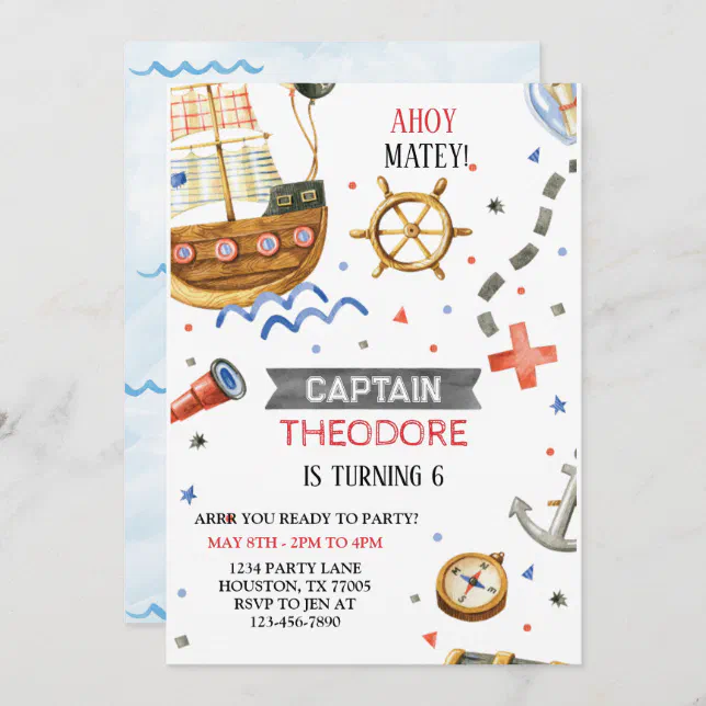 Ahoy Matey Pirate Ship Boy Birthday Invitation | Zazzle