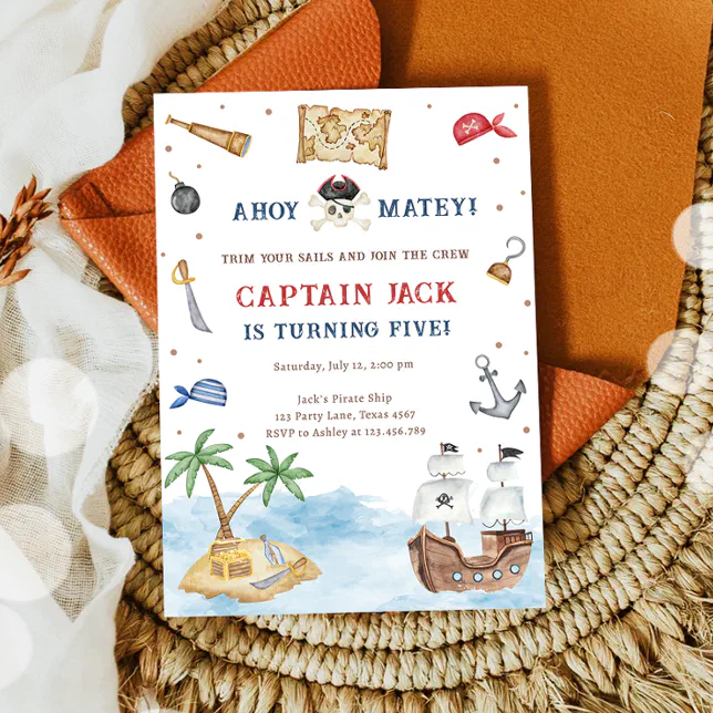 Ahoy Matey! Pirate Ship Treasure Boy Birthday Invitation | Zazzle