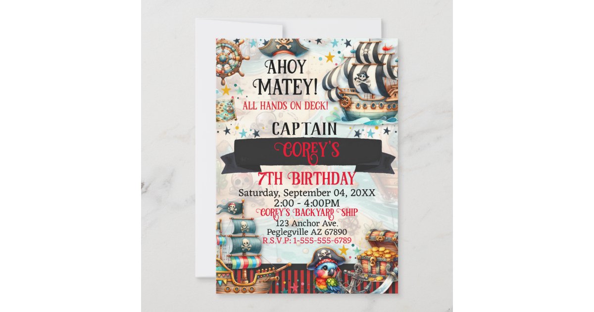 Ahoy Matey Pirate Theme Birthday Party Invitation | Zazzle