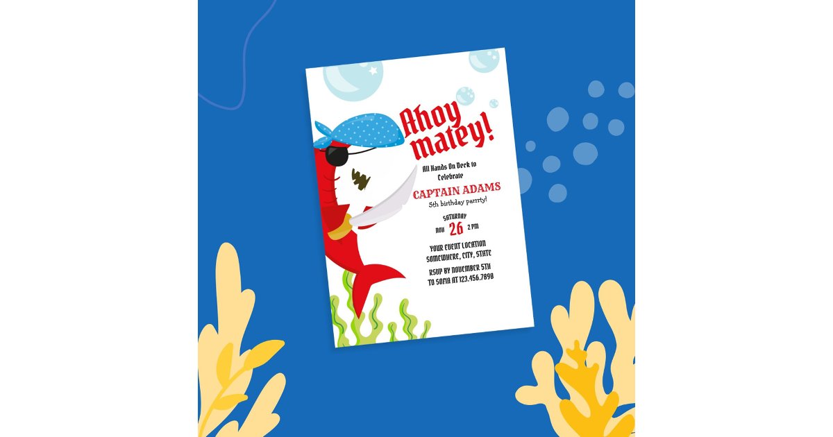 Ahoy Matey! Red Shark Pirate Birthday Invitation | Zazzle