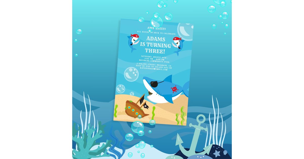 Ahoy Matey! Shark Pirate Under Sea Birthday Invitation | Zazzle