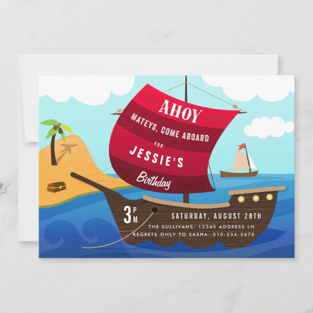Ahoy Mateys Pirate Ship Kids Birthday Invitation | Zazzle