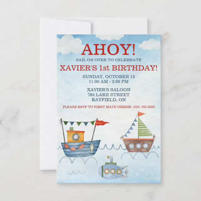 AHOY! Nautical Boats and Submarine Birthday Party Invitation | Zazzle