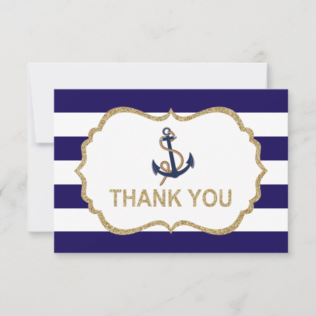Ahoy Nautical Navy Blue Stripes Thank You Card | Zazzle