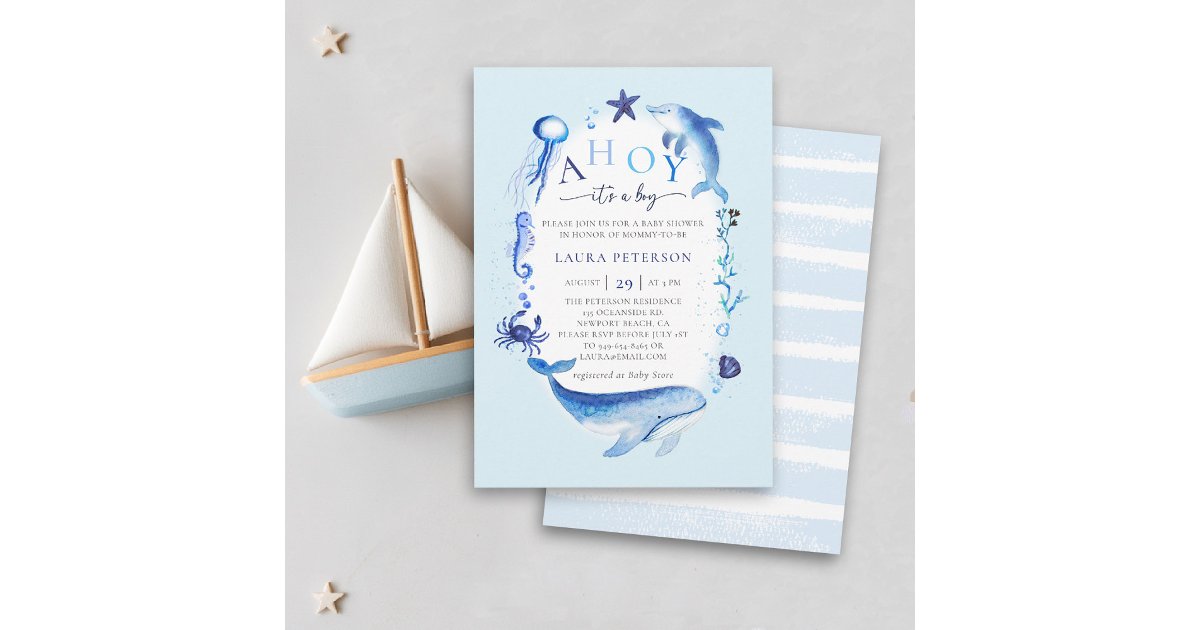 Ahoy Ocean Animals Nautical Blue Boy Baby Shower Invitation | Zazzle