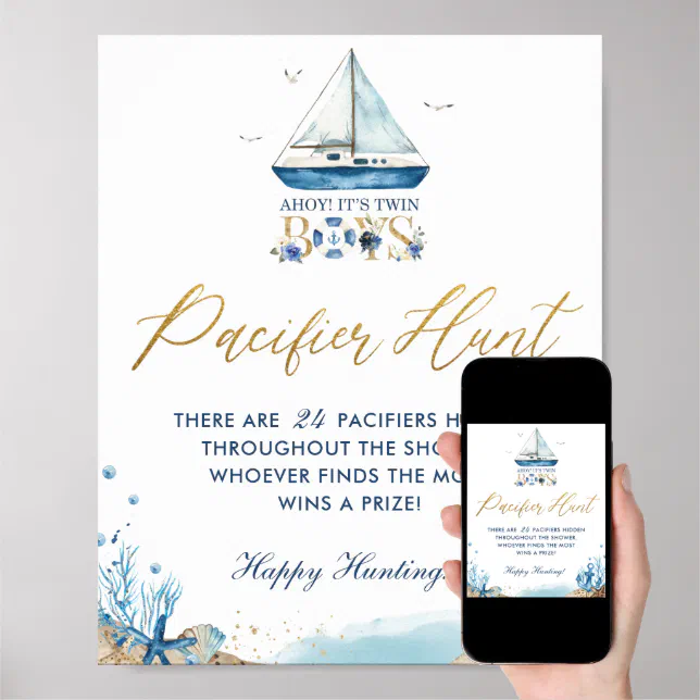 Ahoy Twin Boys Nautical Baby Shower Pacifier Hunt Poster | Zazzle