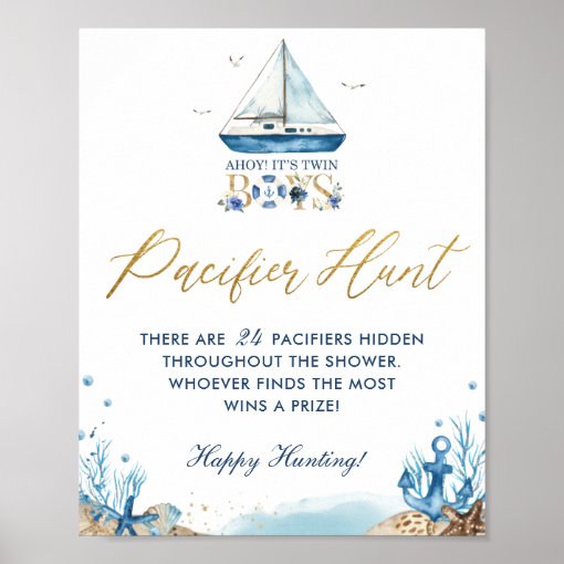 Ahoy Twin Boys Nautical Baby Shower Pacifier Hunt Poster | Zazzle