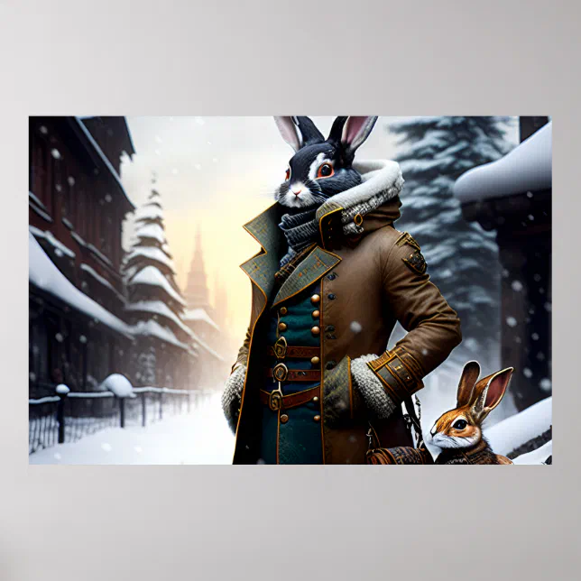 AI Art Rabbit Explorer With Its Son in a Snow City Poster | Zazzle