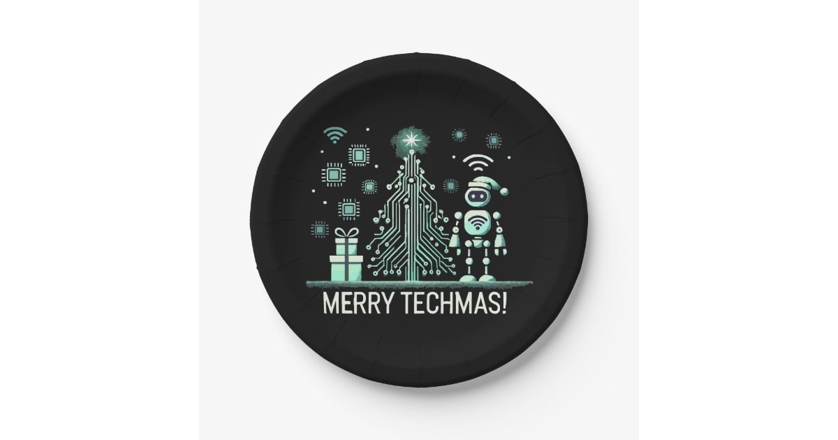 AI Robot with Tech Christmas Tree – Merry Techmas Paper Plates | Zazzle