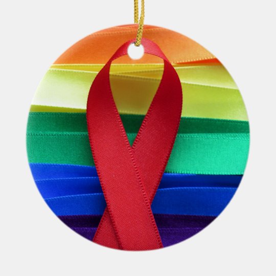AIDS awareness red ribbon on gay flag Ceramic Ornament | Zazzle.com
