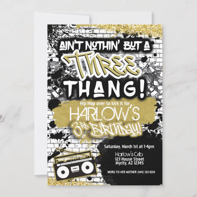 Aint Nothin' but a Three Thang Hip Hop Birthday Invitation | Zazzle