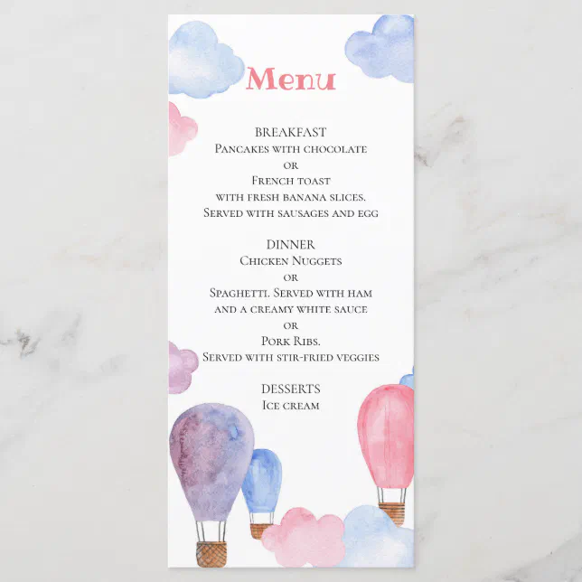 Air balloon kids menu Children birthday party menu | Zazzle