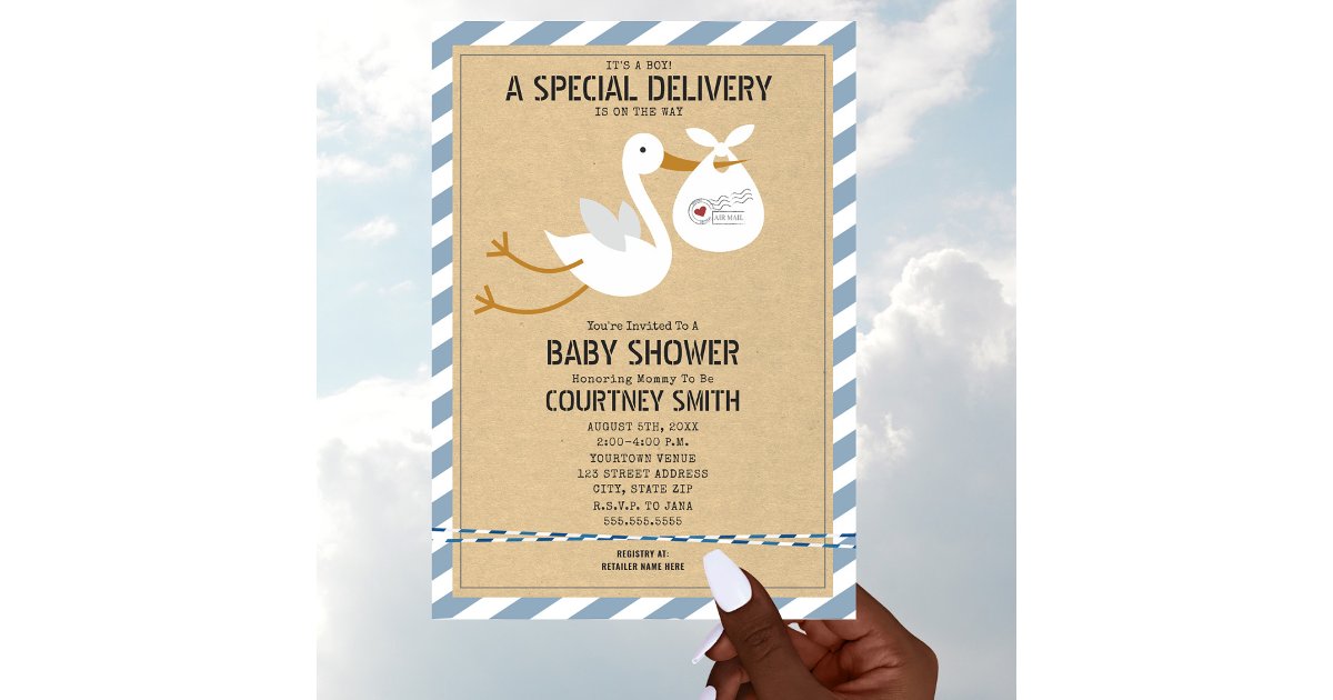Air Mail Special Delivery Stork Boy Baby Shower Invitation | Zazzle