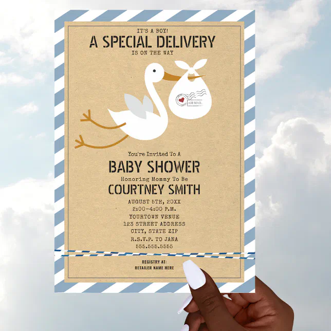 Air Mail Special Delivery Stork Boy Baby Shower Invitation | Zazzle
