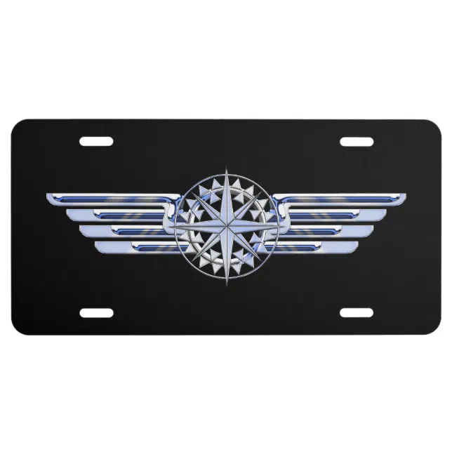 Air Pilot Chrome Like Wings Compass on Black License Plate | Zazzle