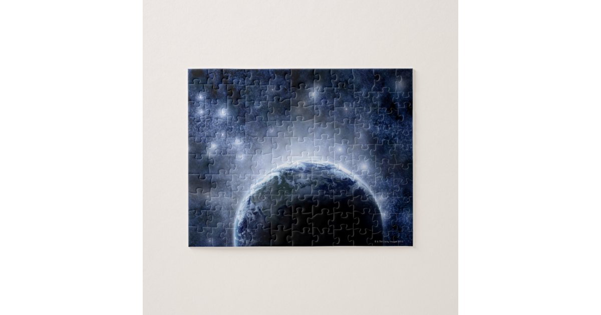 Airbrushed night sky full of stars around planet jigsaw puzzle | Zazzle
