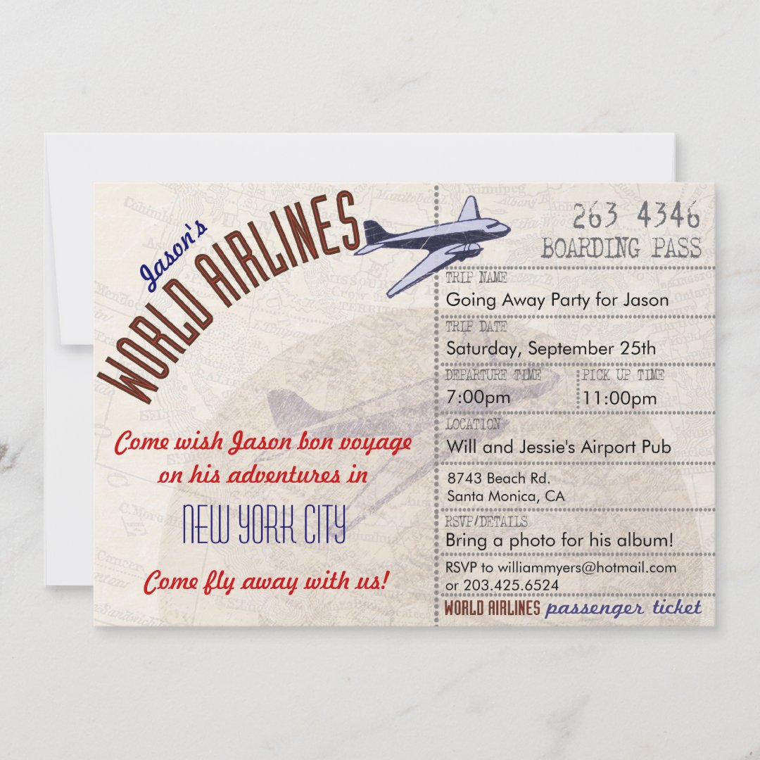Airline Ticket Bon Voyage Party Invitation | Zazzle