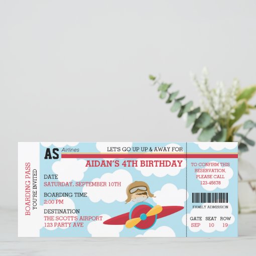 Airplane Birthday Invitations (Pilot Ticket Style) | Zazzle
