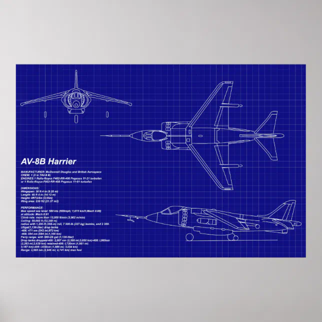 Airplane Blueprints | AV-8B Harrier Poster | Zazzle