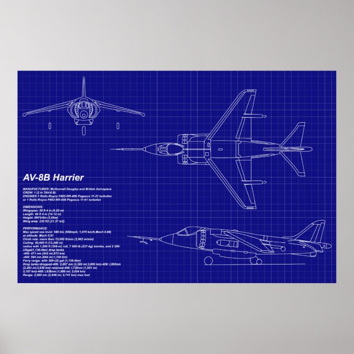 Airplane Blueprints | AV-8B Harrier Poster | Zazzle.com