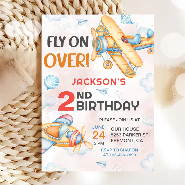 Airplane Fly On Over 2nd Birthday Party Invitation | Zazzle