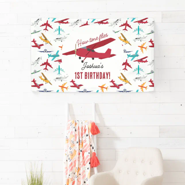Airplane Kids 1st Birthday Party Time Flies Banner | Zazzle