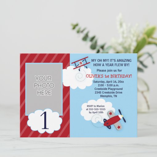 Airplane Little Aviator Red & Navy Photo Birthday Invitation | Zazzle