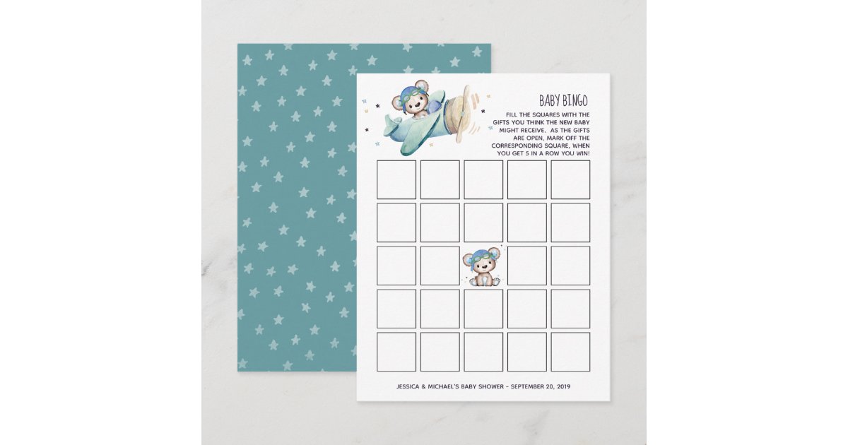 Airplane Pilot Teddy Bear Baby Bingo Invitation | Zazzle