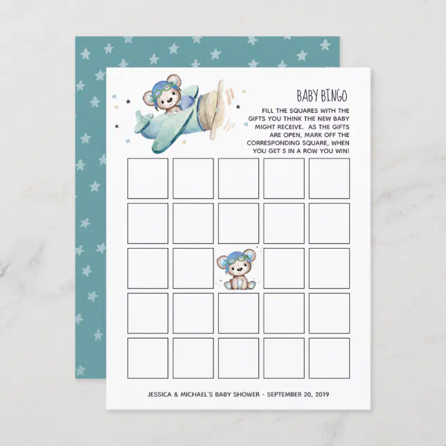 Airplane Pilot Teddy Bear Baby Bingo Invitation | Zazzle