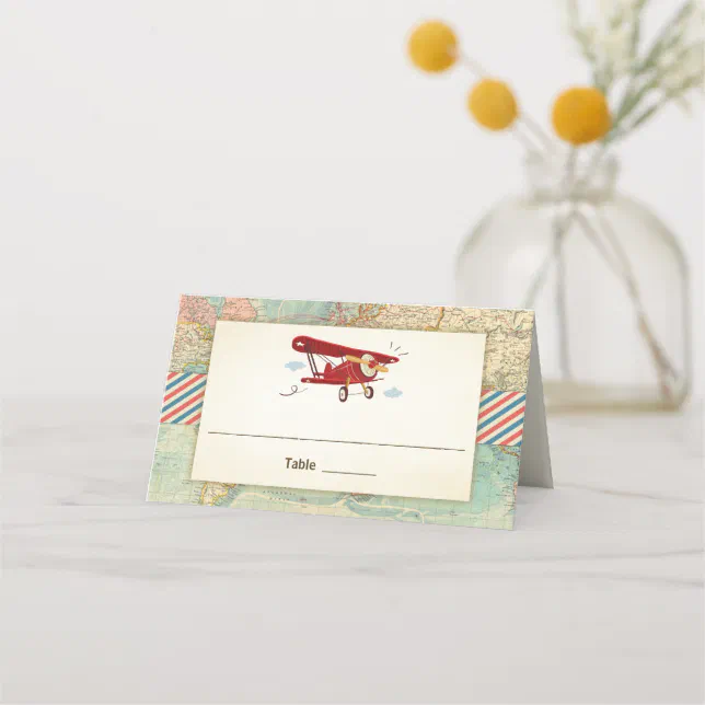 Airplane Place Card Vintage Retro Map Plane Shower | Zazzle