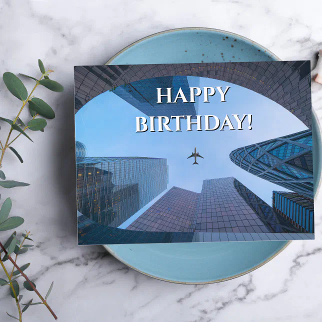 Airplane & Skyscraper photo,Cool Aviation Birthday Postcard | Zazzle