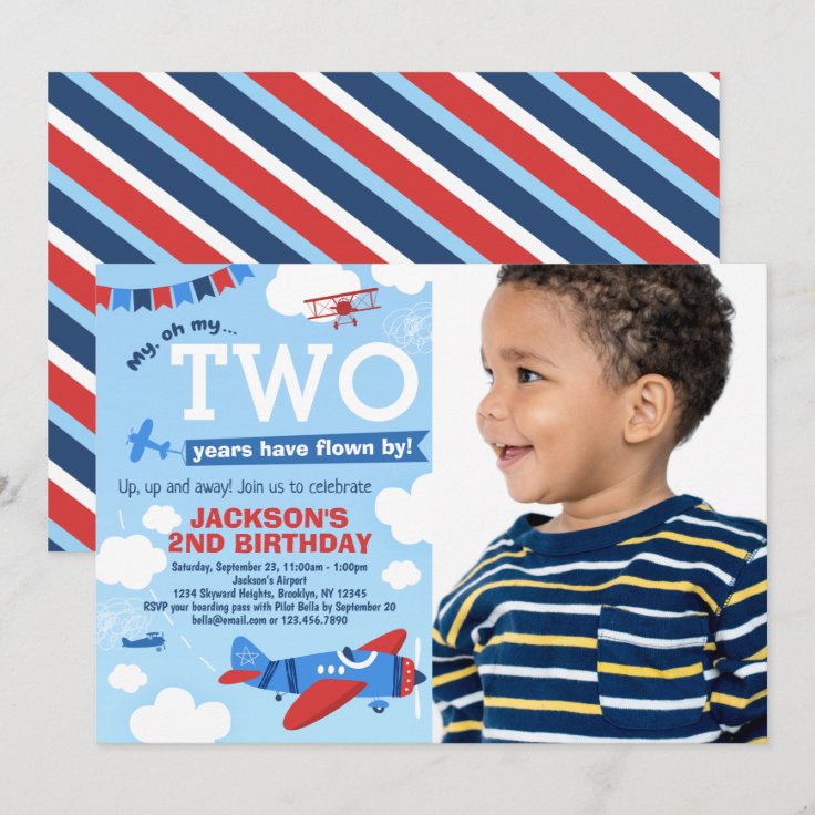 Airplane TWO Years Have Flown 2nd Birthday Photo Invitation | Zazzle
