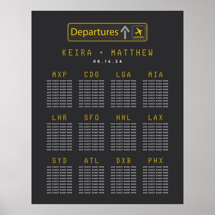 Airport Code Departure Board Wedding Seating Chart | Zazzle
