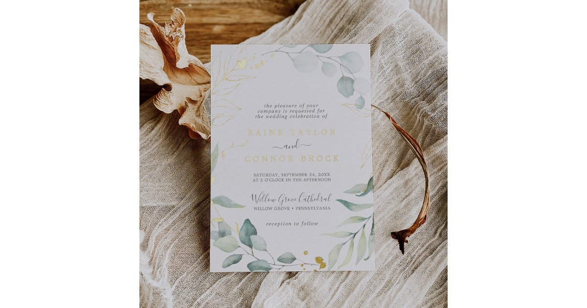 Airy Greenery and Gold Foil Leaf Names Wedding Foil Invitation | Zazzle