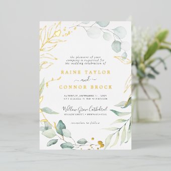 Airy Greenery and Gold Foil Leaf Names Wedding Foil Invitation | Zazzle