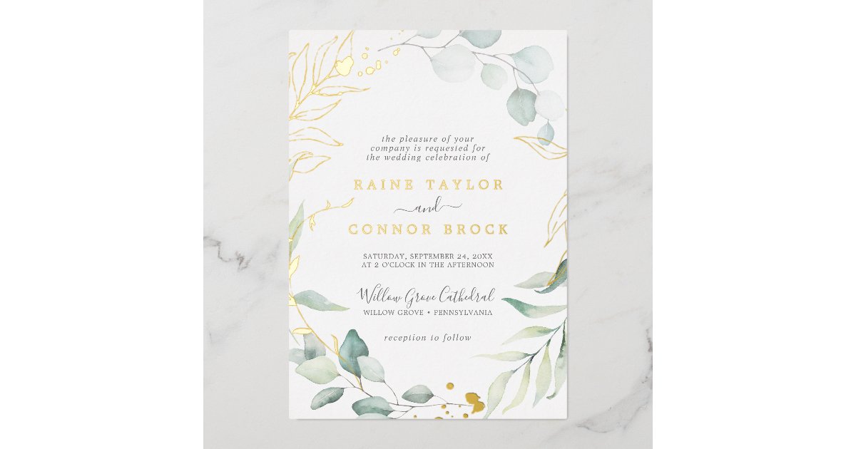 Airy Greenery and Gold Foil Leaf Names Wedding Foil Invitation | Zazzle