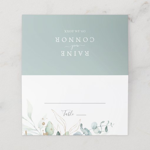 Airy Greenery and Gold Folded Wedding Place Card | Zazzle