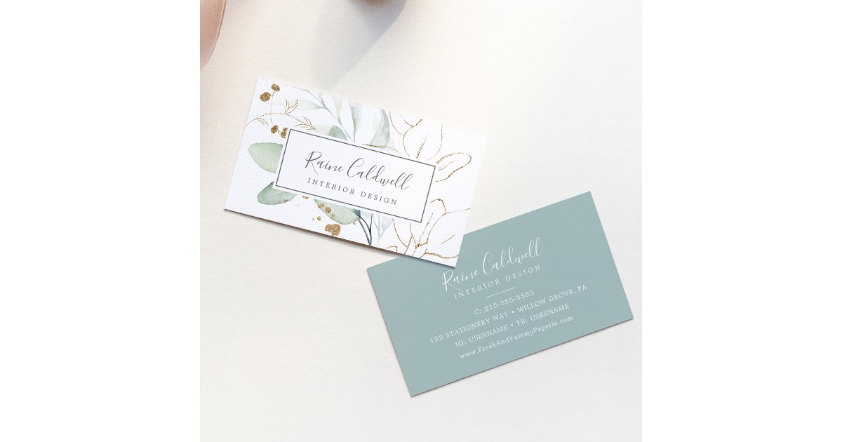 Airy Greenery and Gold Leaf Business Card | Zazzle