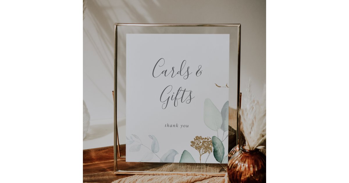 Airy Greenery and Gold Leaf Cards and Gifts Sign | Zazzle