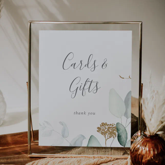 Airy Greenery and Gold Leaf Cards and Gifts Sign | Zazzle