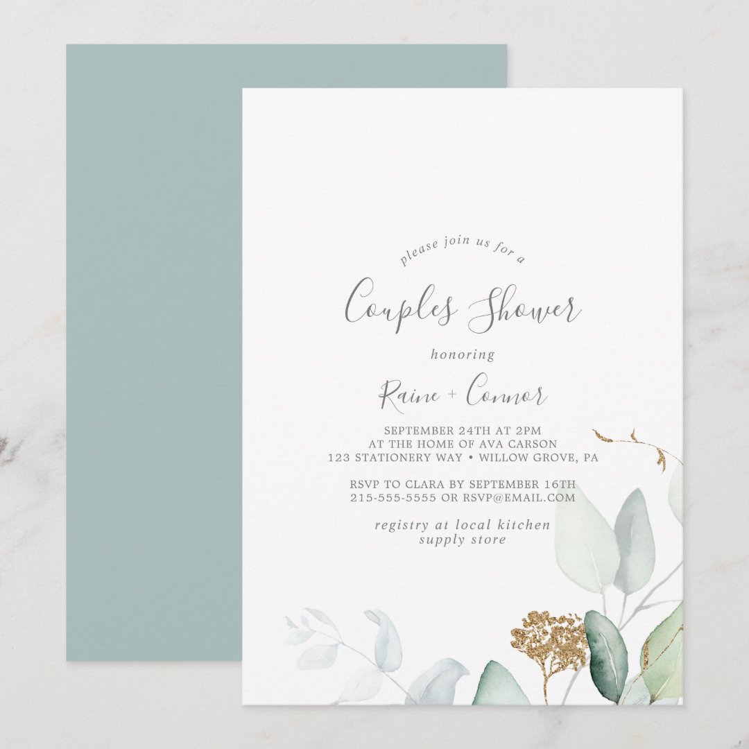 Airy Greenery and Gold Leaf Couples Shower Invitation | Zazzle