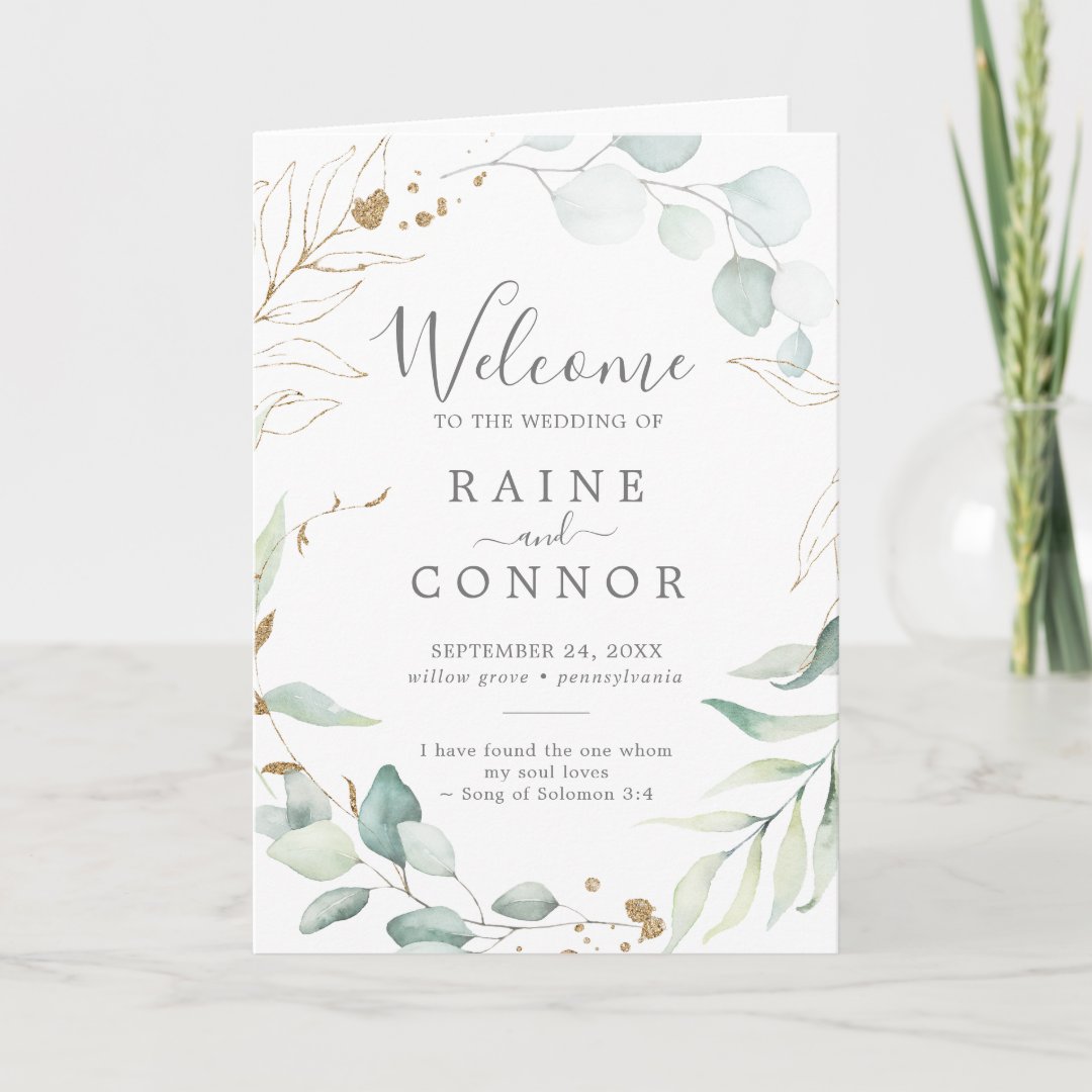Airy Greenery and Gold Leaf Folded Wedding Program | Zazzle