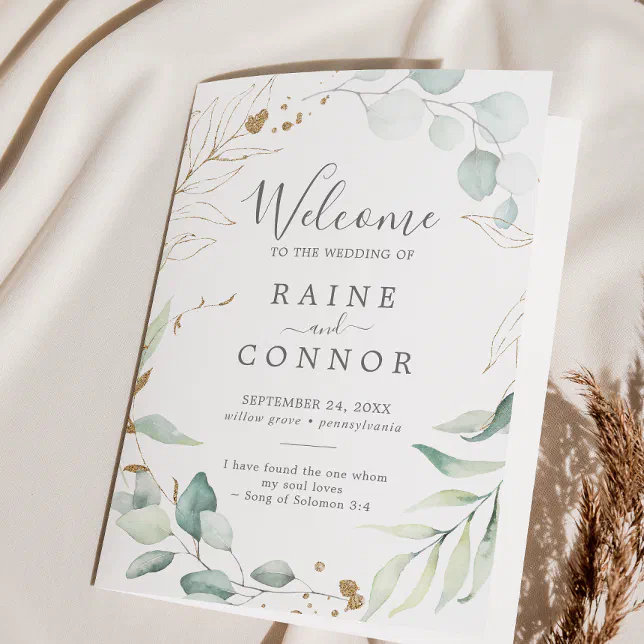 Airy Greenery and Gold Leaf Folded Wedding Program | Zazzle
