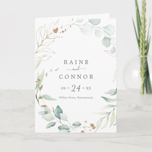Airy Greenery and Gold Leaf Formal Folded Wedding Invitation | Zazzle