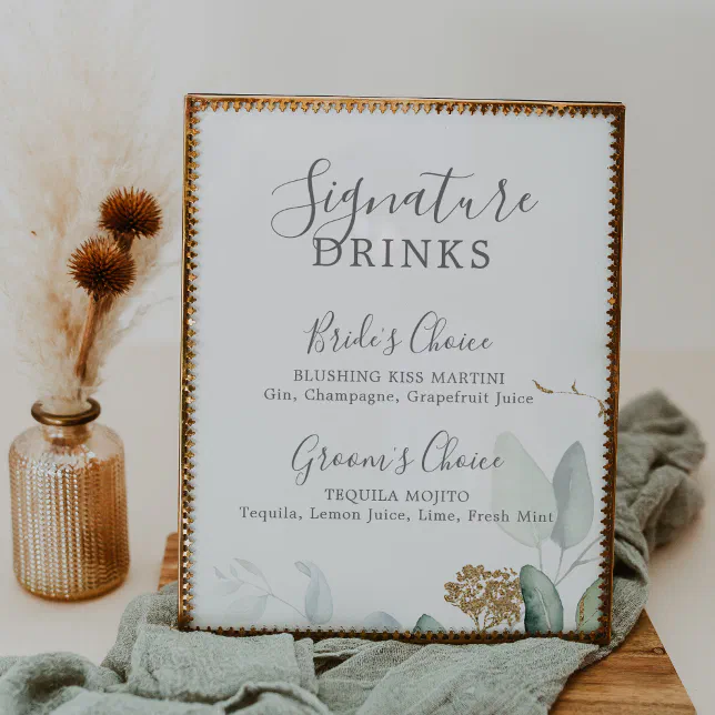Airy Greenery and Gold Leaf Signature Drinks Sign | Zazzle