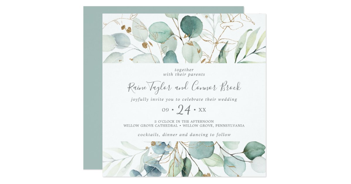 Airy Greenery and Gold Leaf Square Wedding Invitation | Zazzle.com
