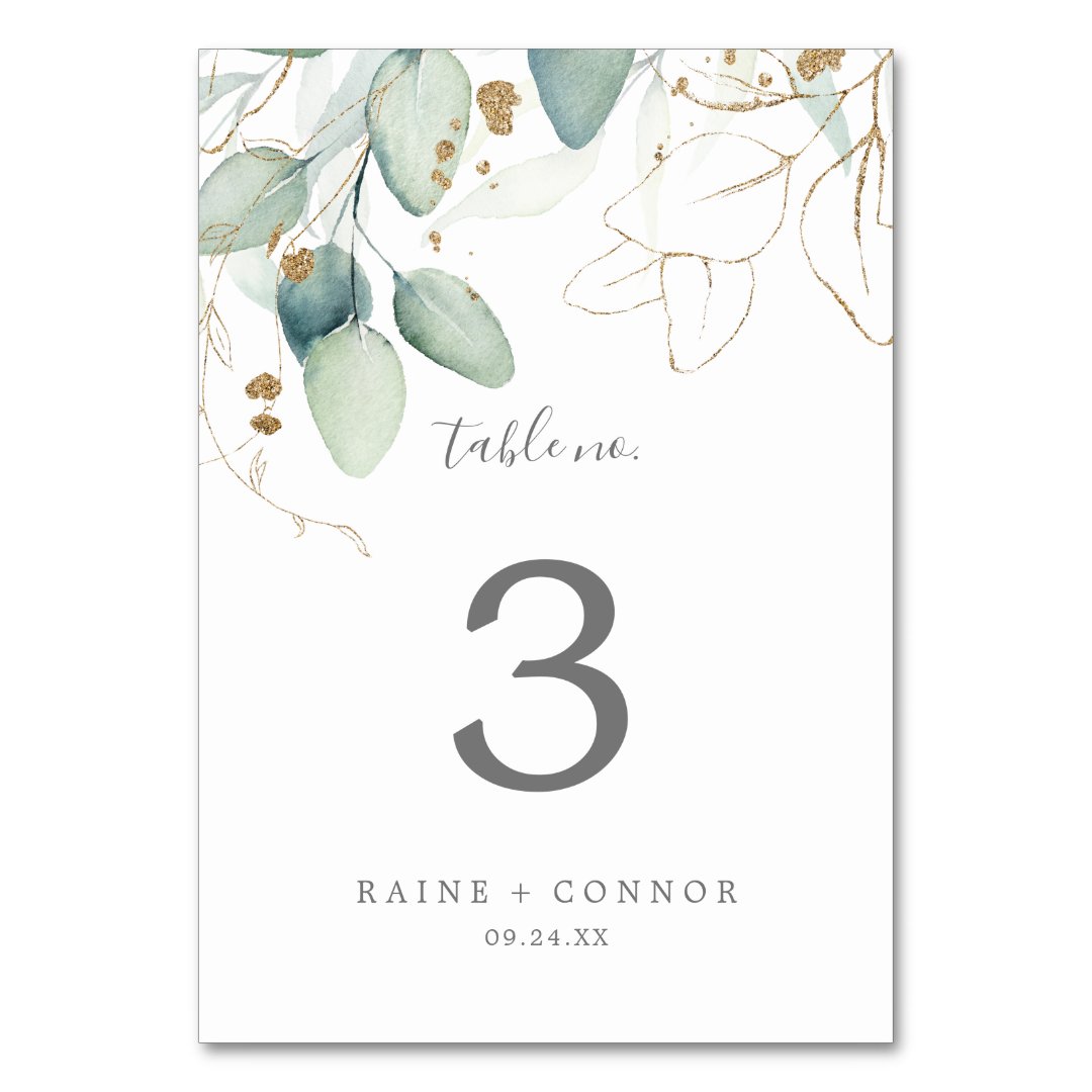 Airy Greenery and Gold Leaf Table Number | Zazzle