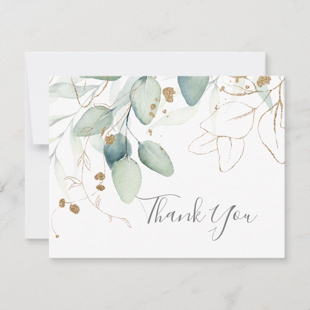Airy Greenery and Gold Leaf Thank You Card | Zazzle