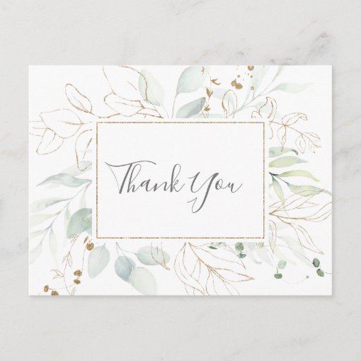 Airy Greenery and Gold Leaf Thank You Postcard | Zazzle