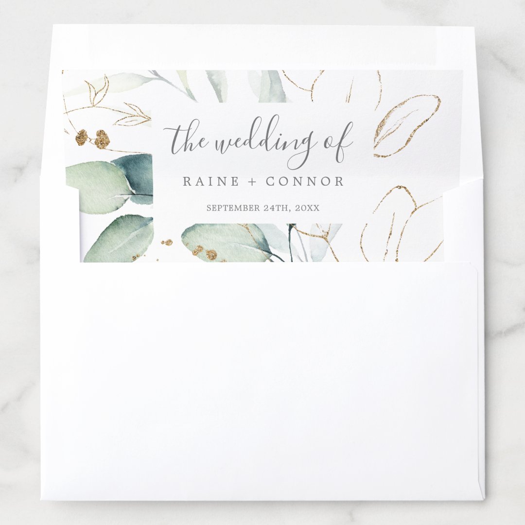 Airy Greenery and Gold Leaf Wedding Envelope Liner | Zazzle